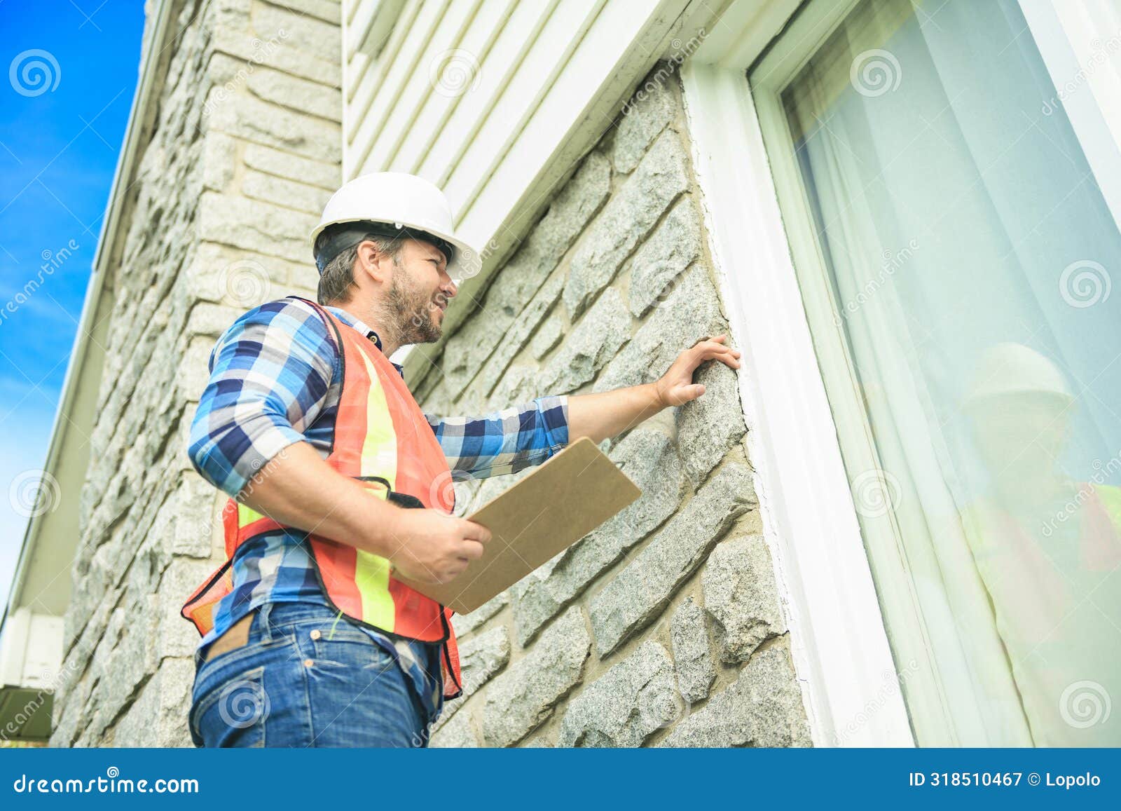 Worker Man with Hard Hat Inspecting House Window Stock Image - Image of ...