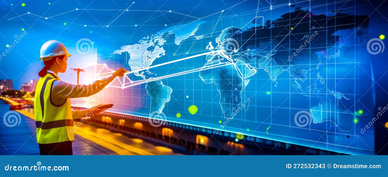 Man in Hard Hat is Pointing at World Map. Generative AI Stock ...