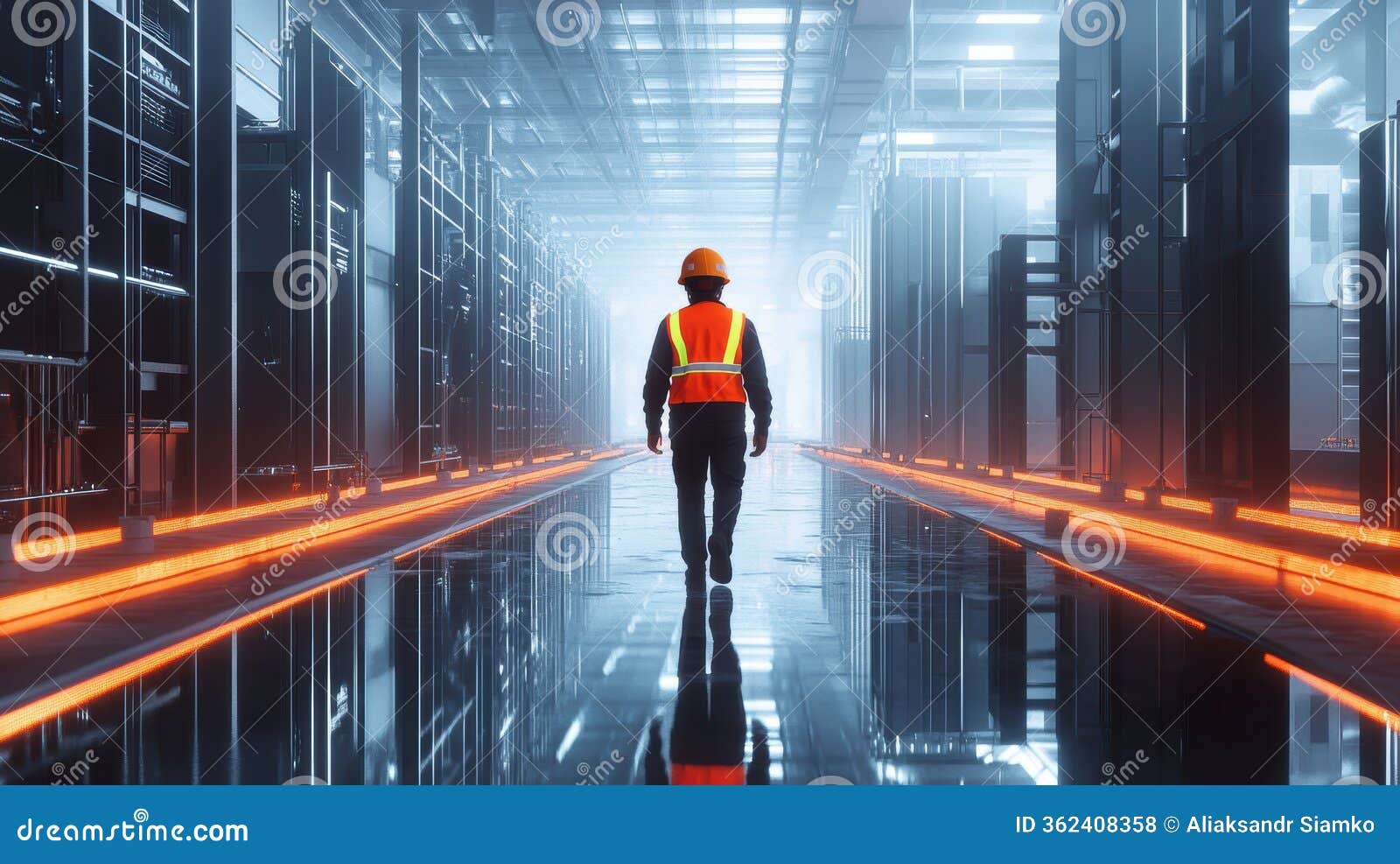 A Man in a Hard Hat and Safety Vest Walking through a Server Room Stock ...