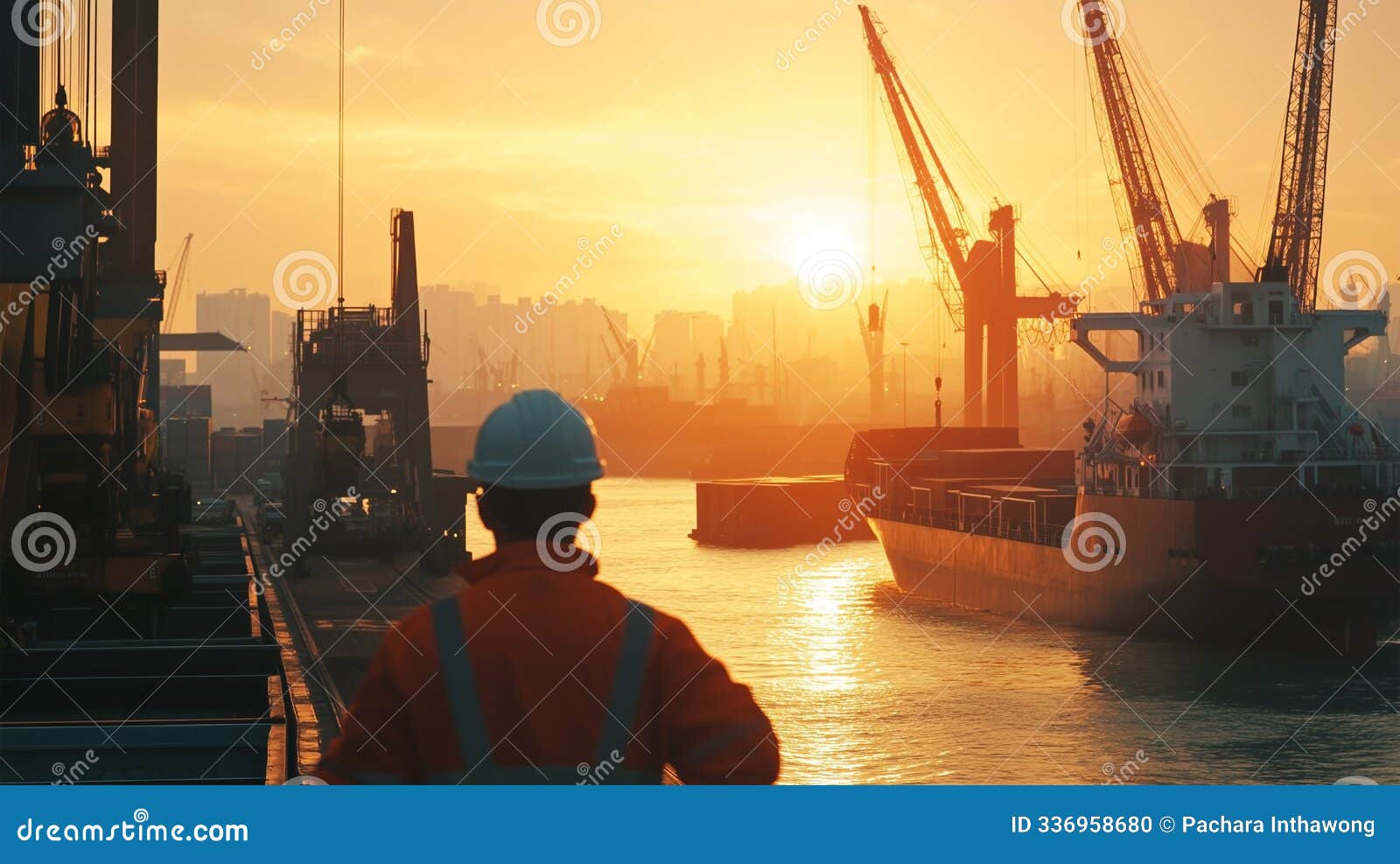 A Man in a Hard Hat Stands on a Dock Looking Out at a Large Ship Stock ...