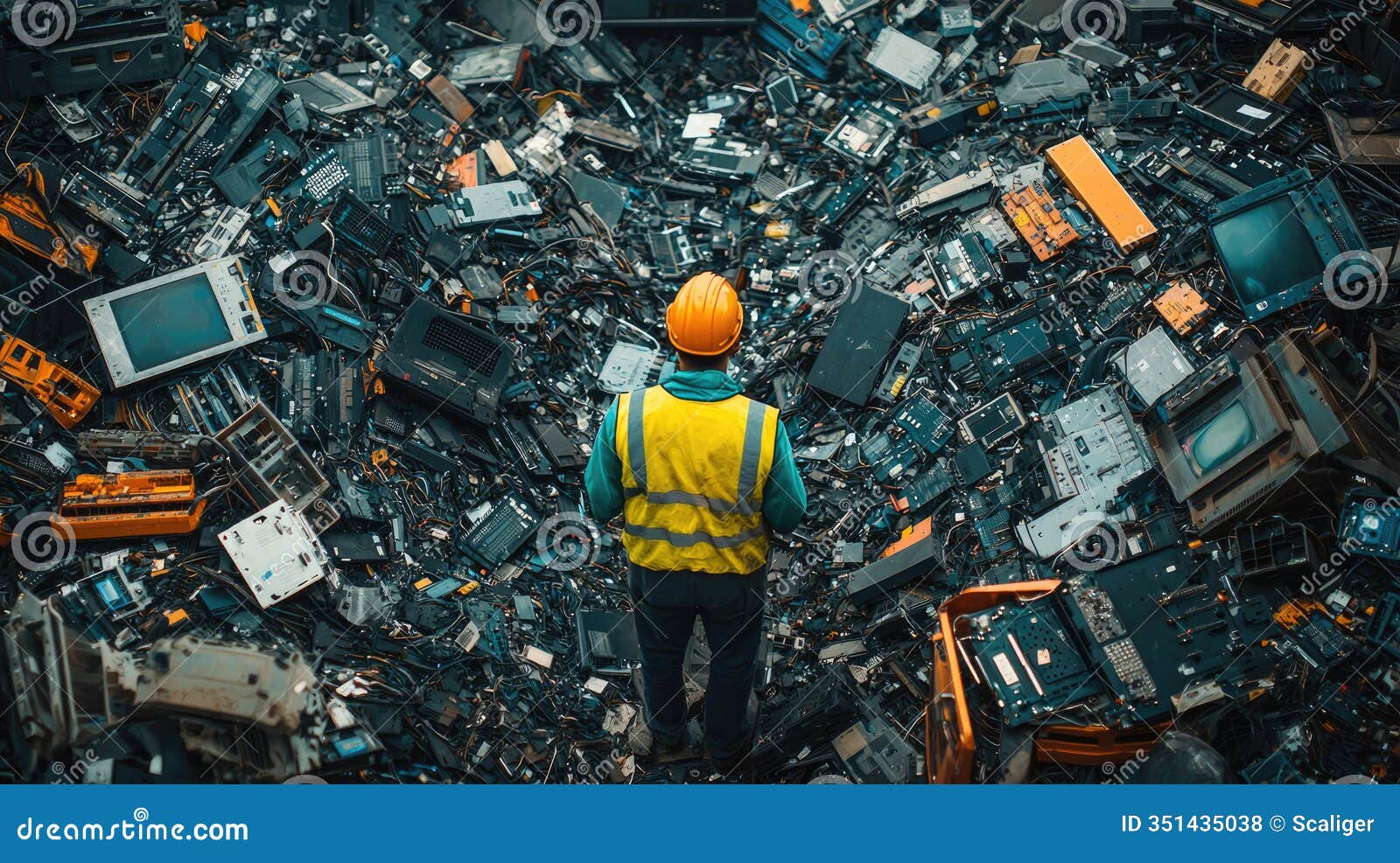Man in Hard Hat and Vest Standing Amidst E-waste Pile of Old ...