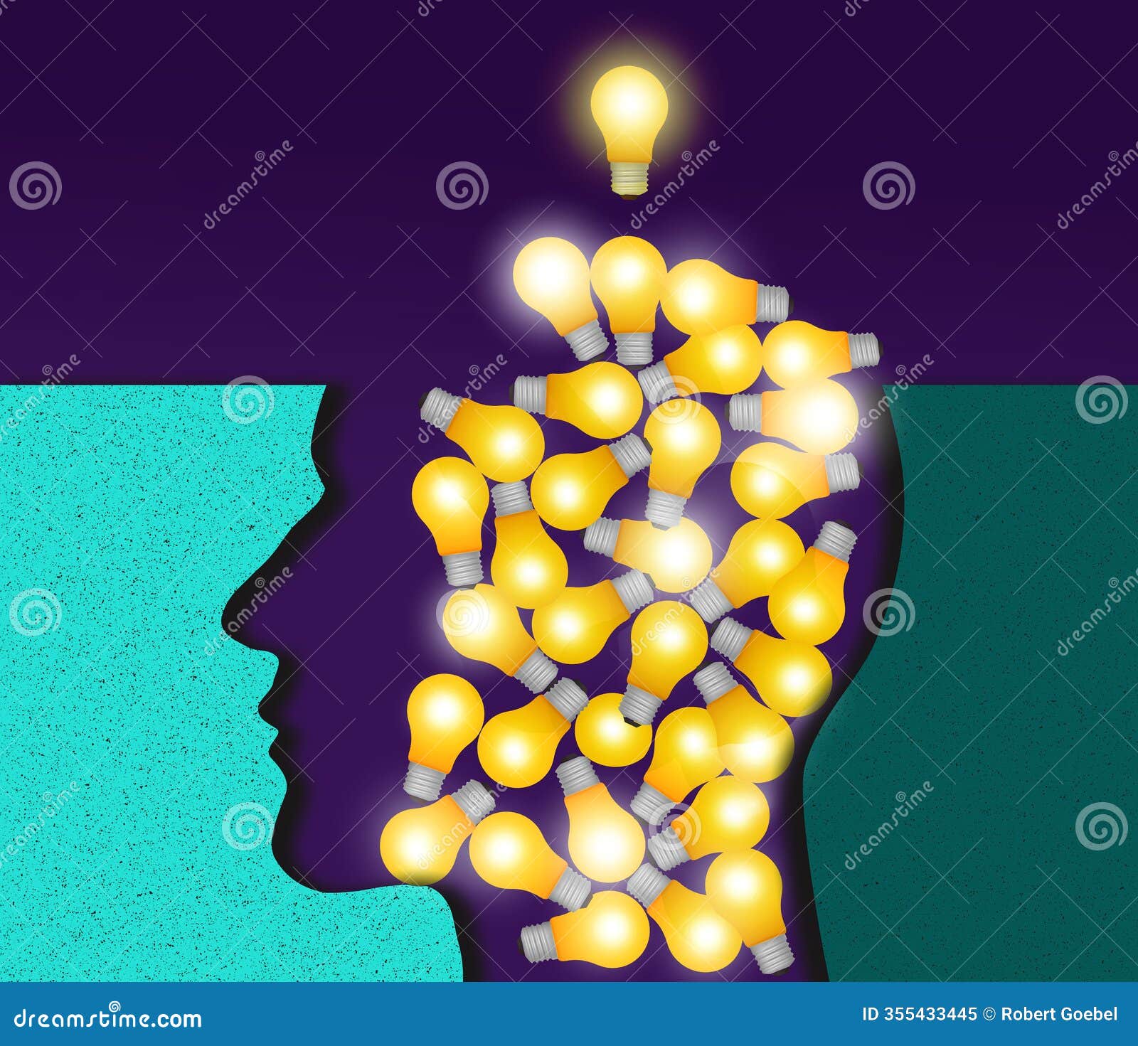 A Man Has a Head Full of Good Ideas Represented by Glowing Light Bulbs ...