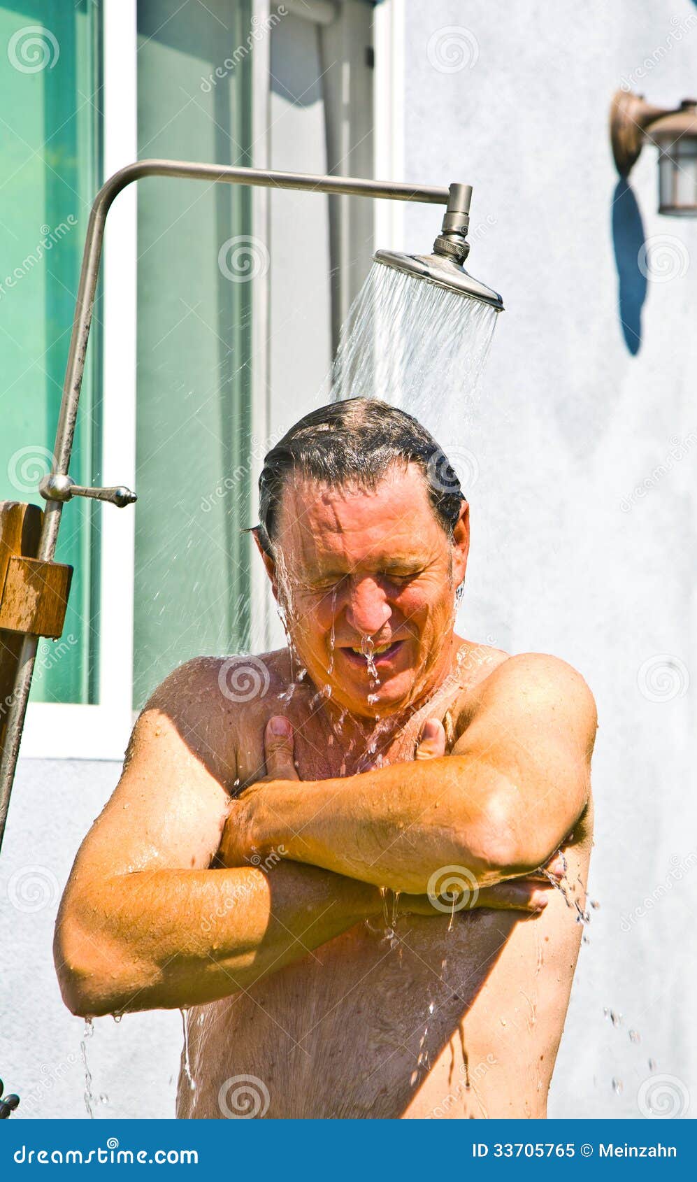Man Has a Shower in the Garden Stock Image - Image of shut, sunny: 33705765