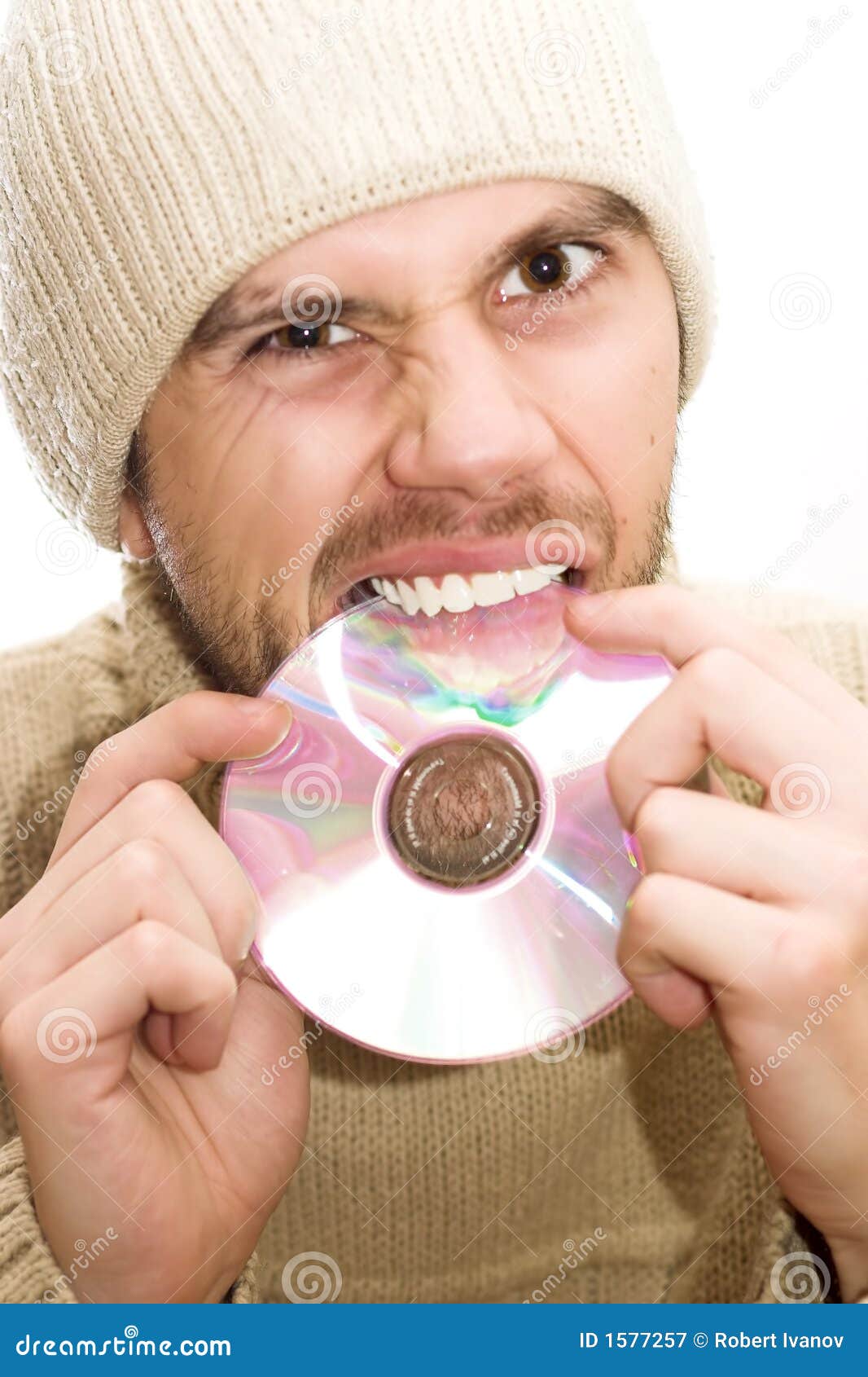 Man with hat breaking CD stock image. Image of lips, isolated - 1577257