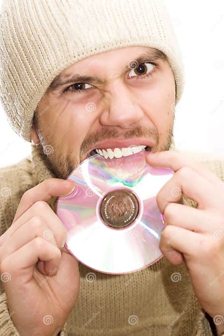 Man with hat breaking CD stock image. Image of lips, isolated - 1577257