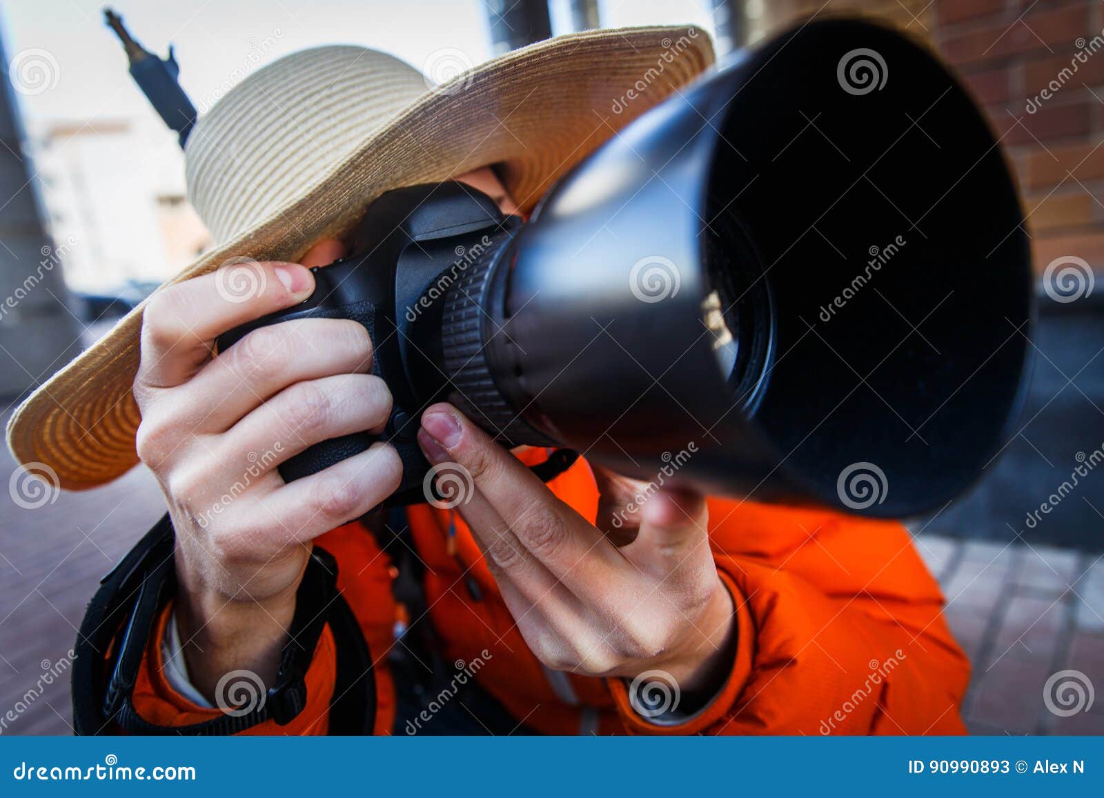 Man in hat with camera stock image. Image of photographing - 90990893