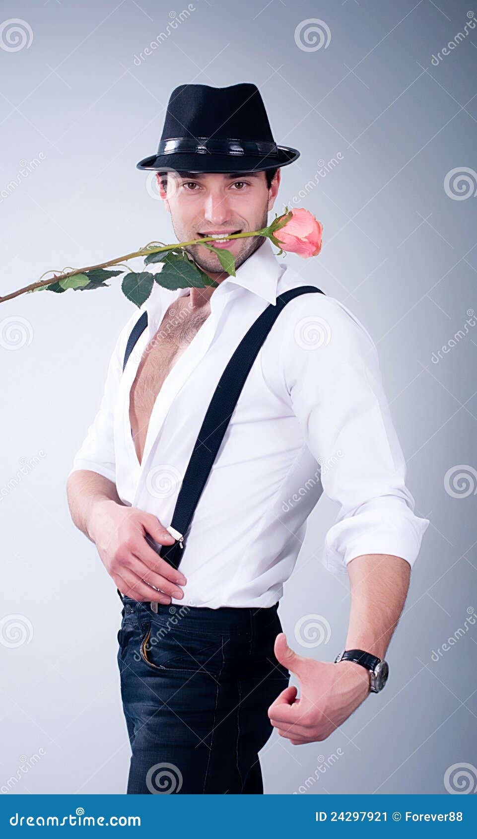 Man in hat with pink rose stock image. Image of glamour - 24297921