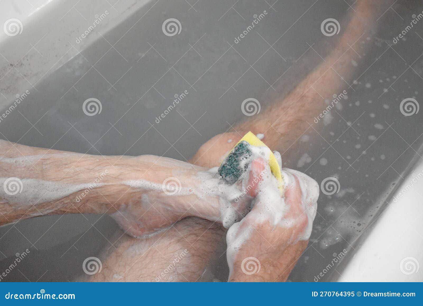 Man Having a Bath and Using a Scrubber Sponge. Stock Image - Image of ...
