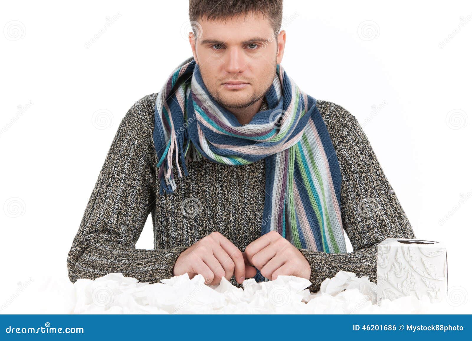 Man Having Cold with Tissue on Table and Box of Tissues Stock Photo ...