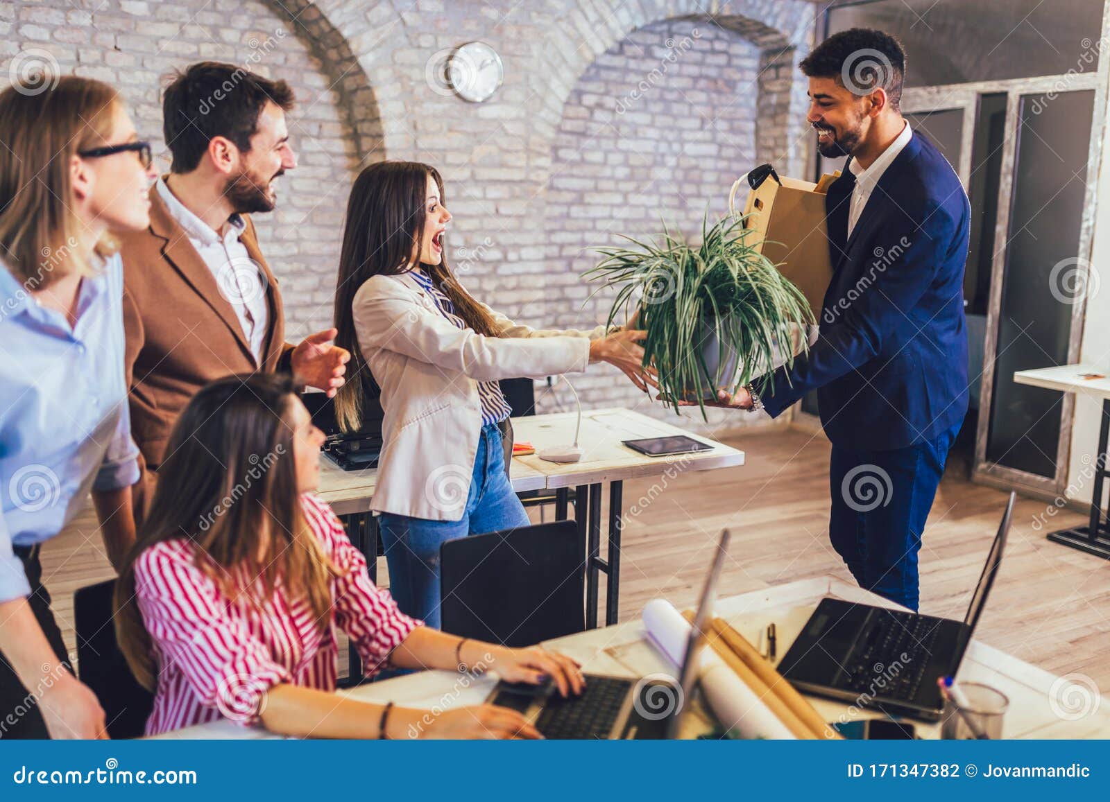 Man Having First Working Day Getting Acquainted with Colleagues Stock ...