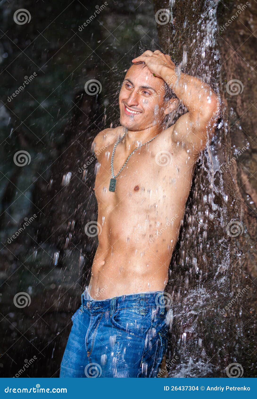 Man Having Fun and Relax Under Waterfall. Stock Photo - Image of ...