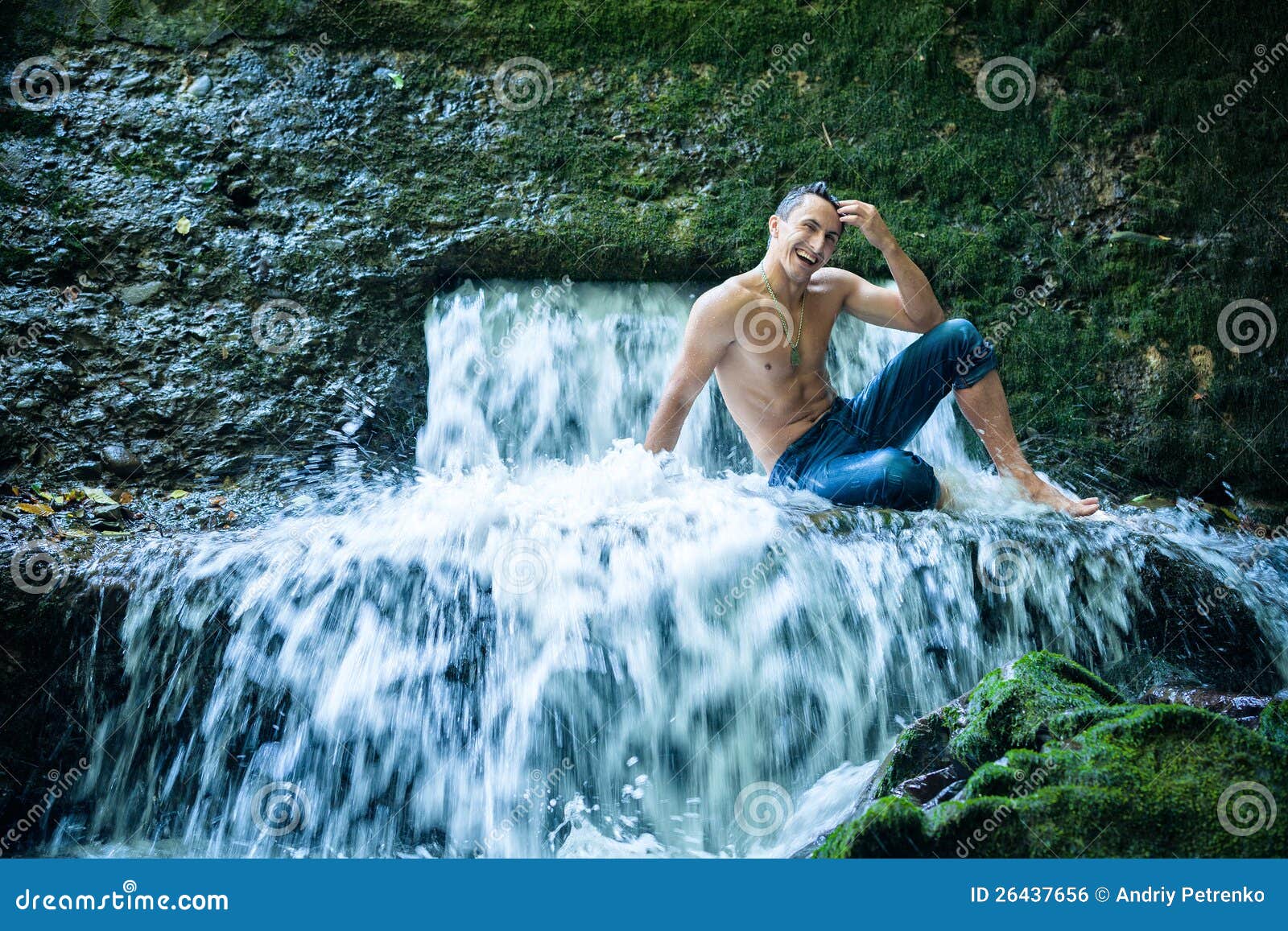 Man Having Fun and Relax Under Waterfall. Stock Photo - Image of look ...