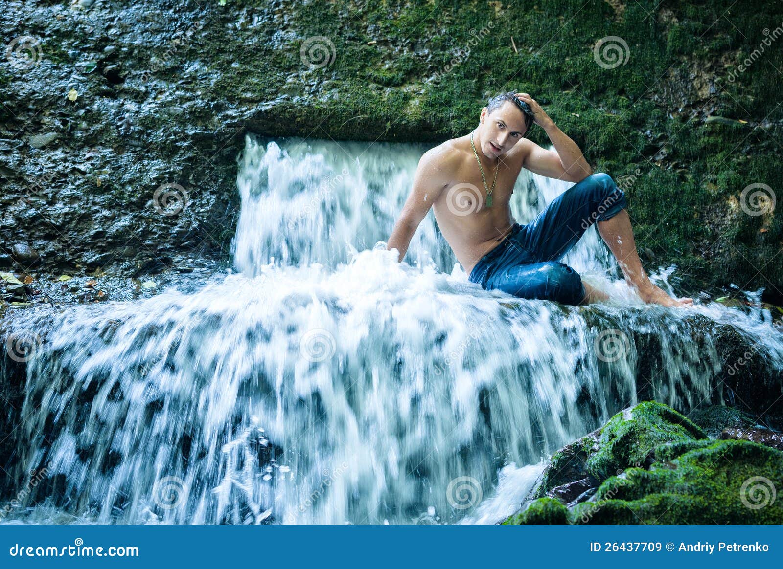 Man Having Fun and Relax Under Waterfall. Stock Image - Image of care ...