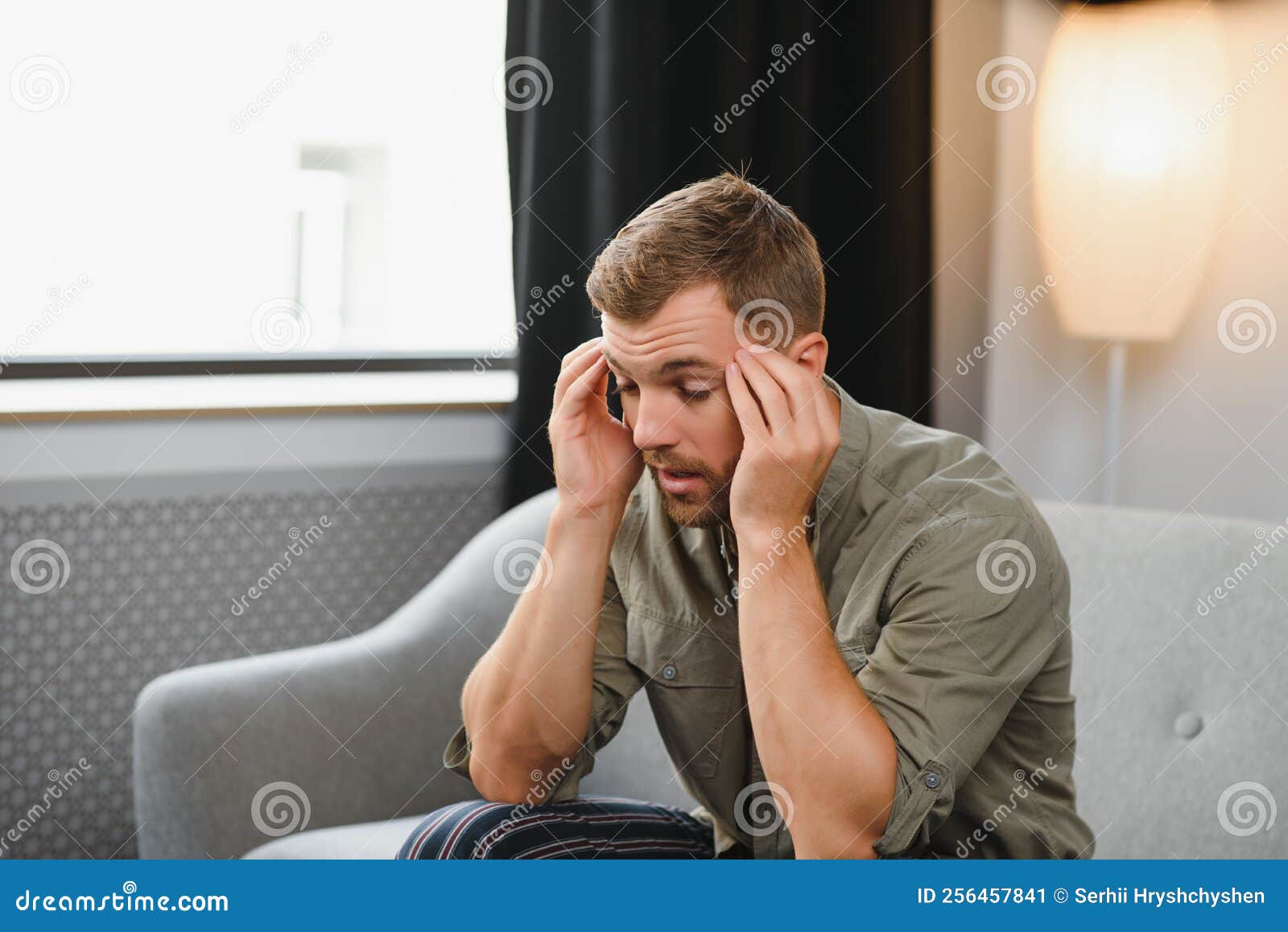 Man Having a Headache at Home Stock Image - Image of people, pensive ...