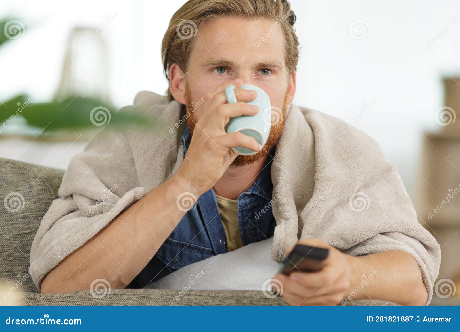 Man Having Morning Coffee on Sofa Stock Image - Image of oldage ...