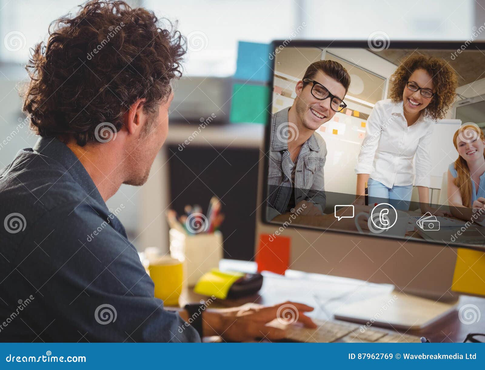 Man Having Video Call with Colleagues on Computer Stock Image - Image ...
