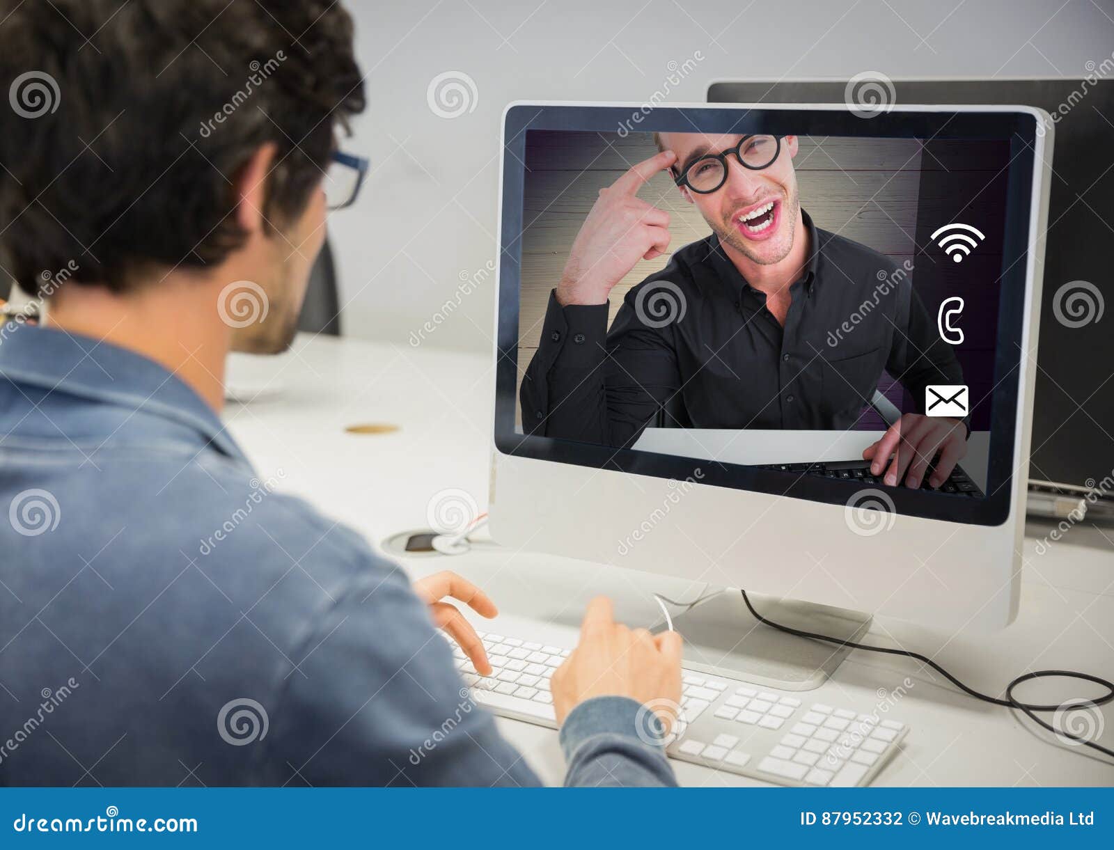 Man Having a Video Call with His Friend on Desktop Pc Stock Photo ...