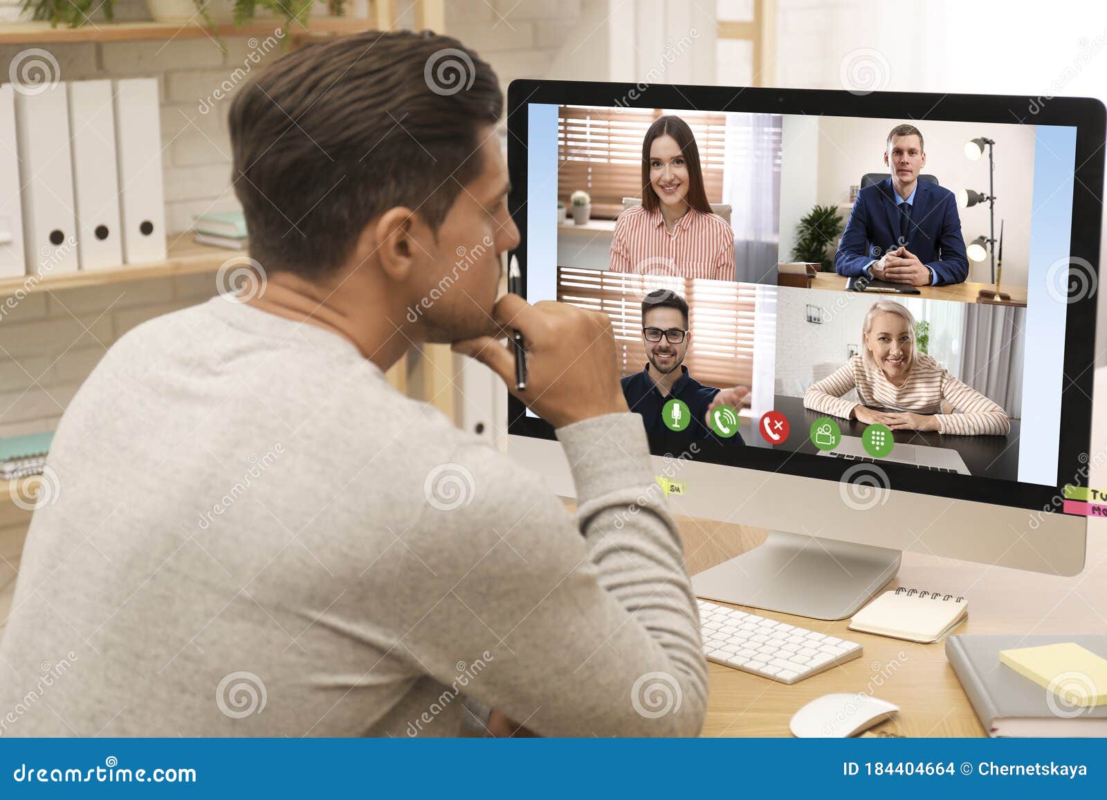 Man Having Video Chat with Colleagues at Table. Team Work Stock Photo ...
