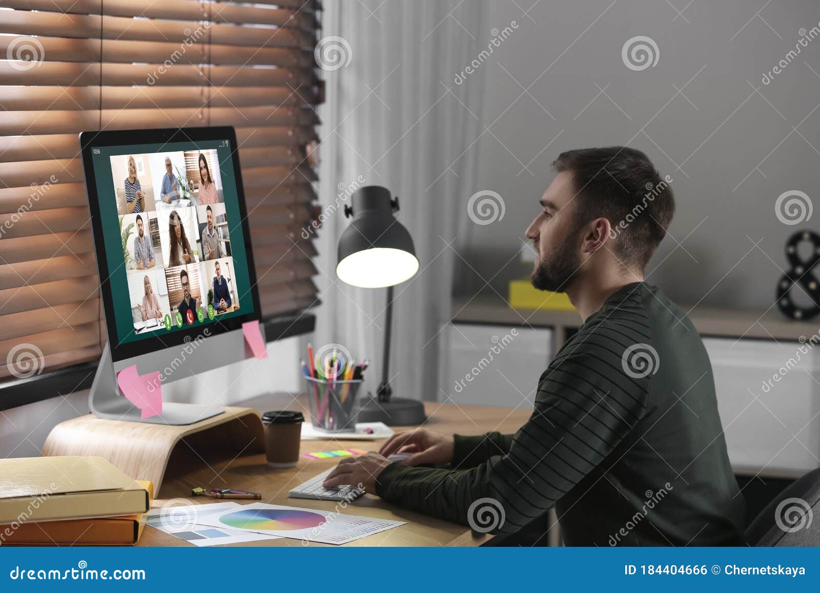 Man Having Video Chat with Colleagues at Table. Team Work Stock Photo ...