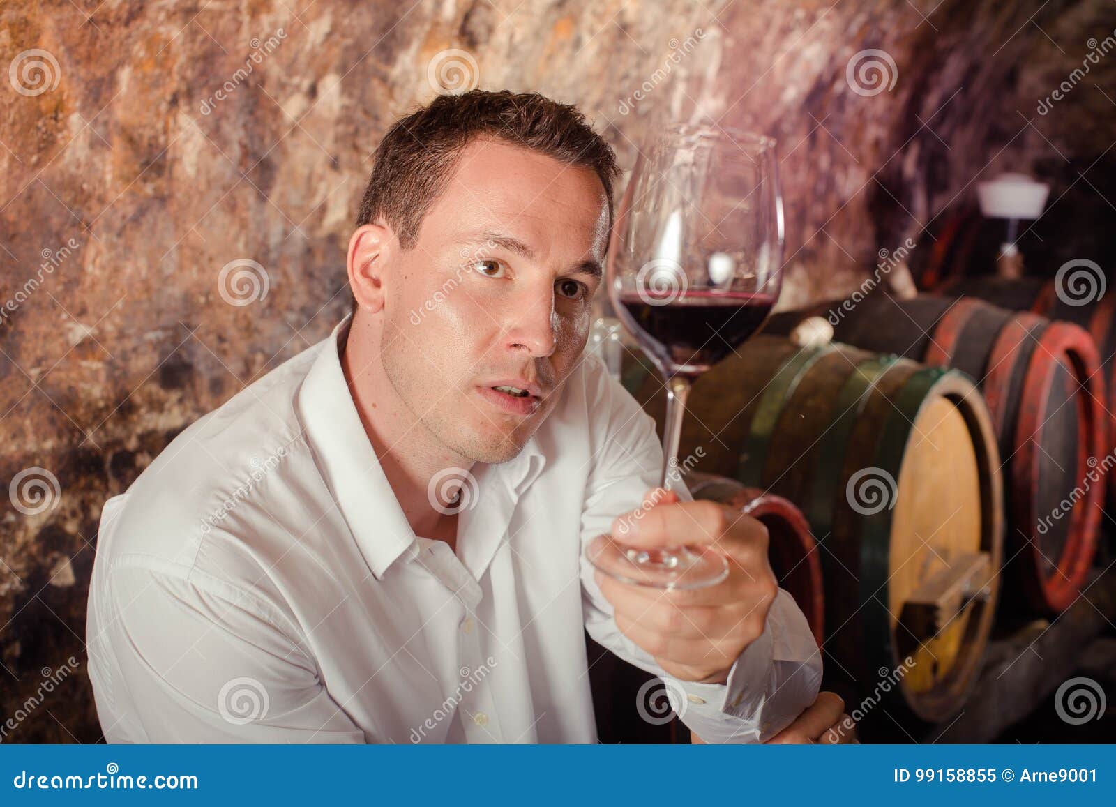 Man Having Wine Tasting in Cellar Stock Image - Image of glass, winery ...