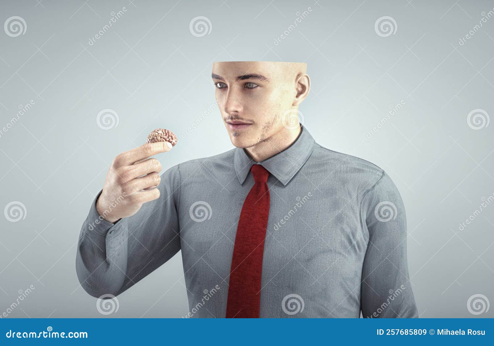 Man with Head Half Sliced Holds a Small Brain. Growth and Self ...