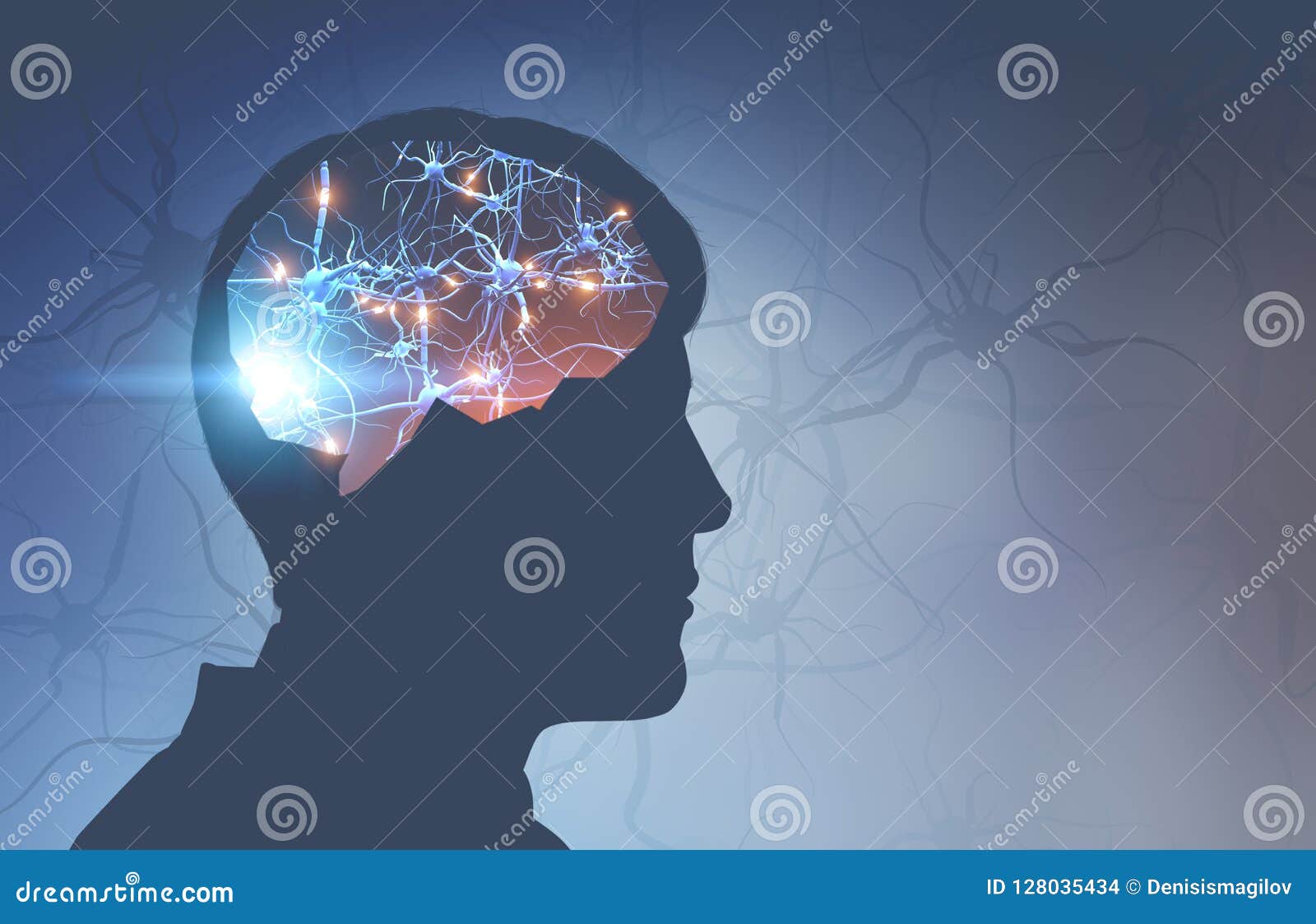 Man Head Silhouette with Glowing Synapses in Brain Stock Illustration ...
