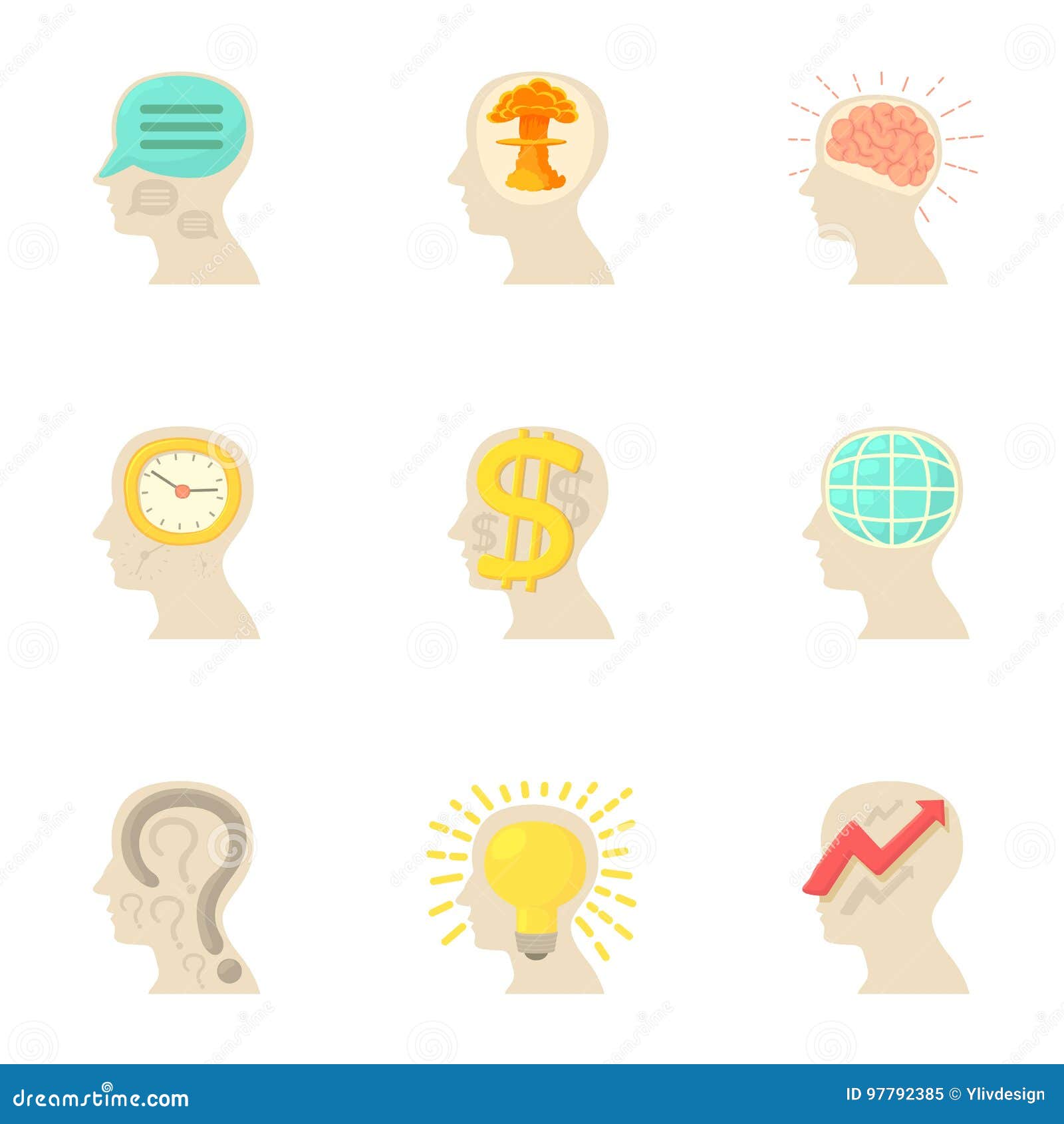 Man Head with Thoughts Icons Set, Cartoon Style Stock Vector ...