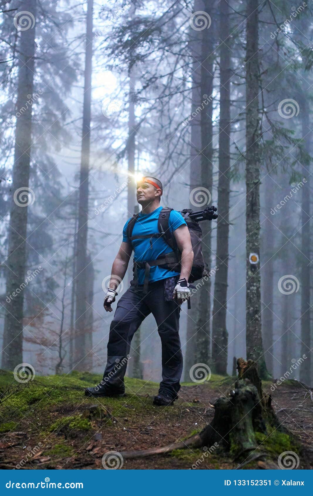 Man with Headlamp and Backpack in the Forest Stock Image - Image of ...