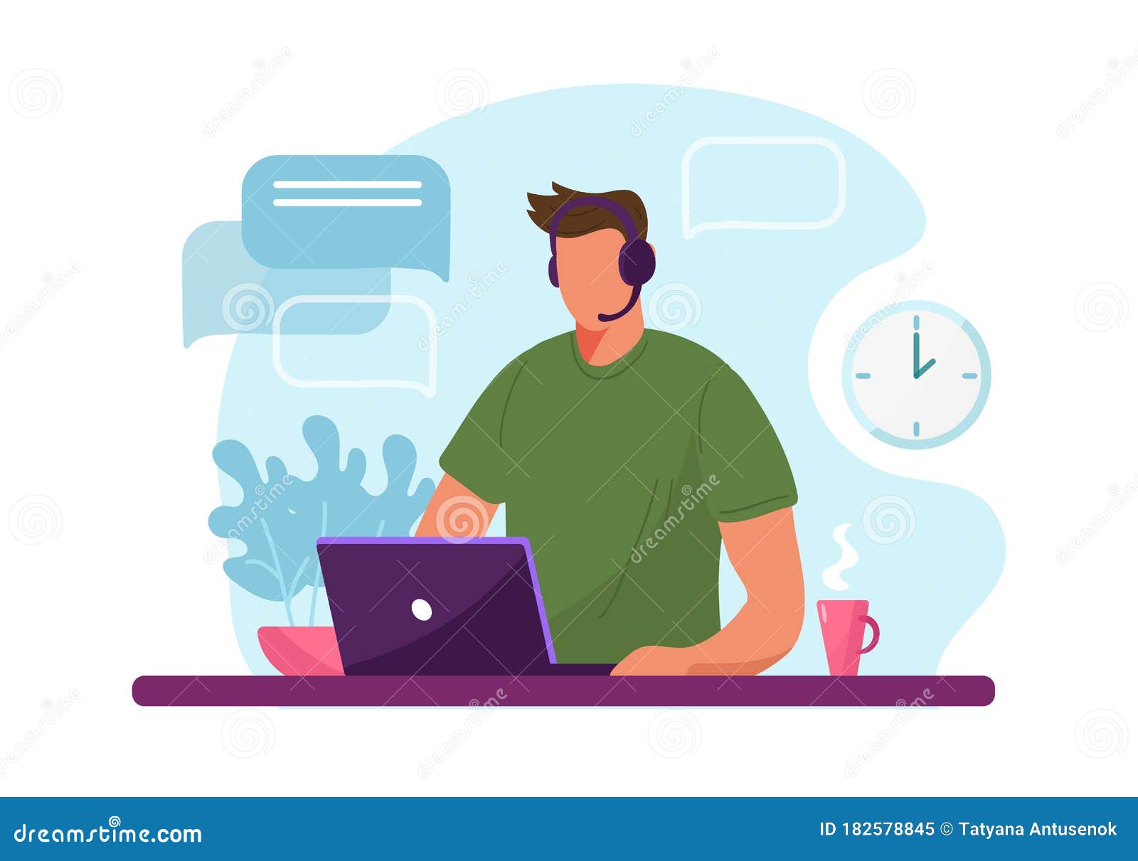 Man with Headphone and Computer, Call Center, Customer Service and ...