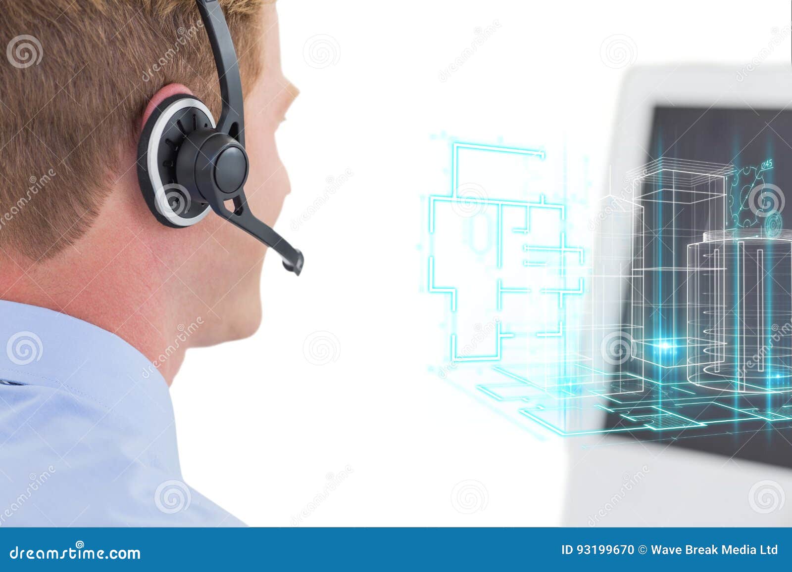 Man with Headphones Watching a Screen with Digital Graphics Stock Photo ...