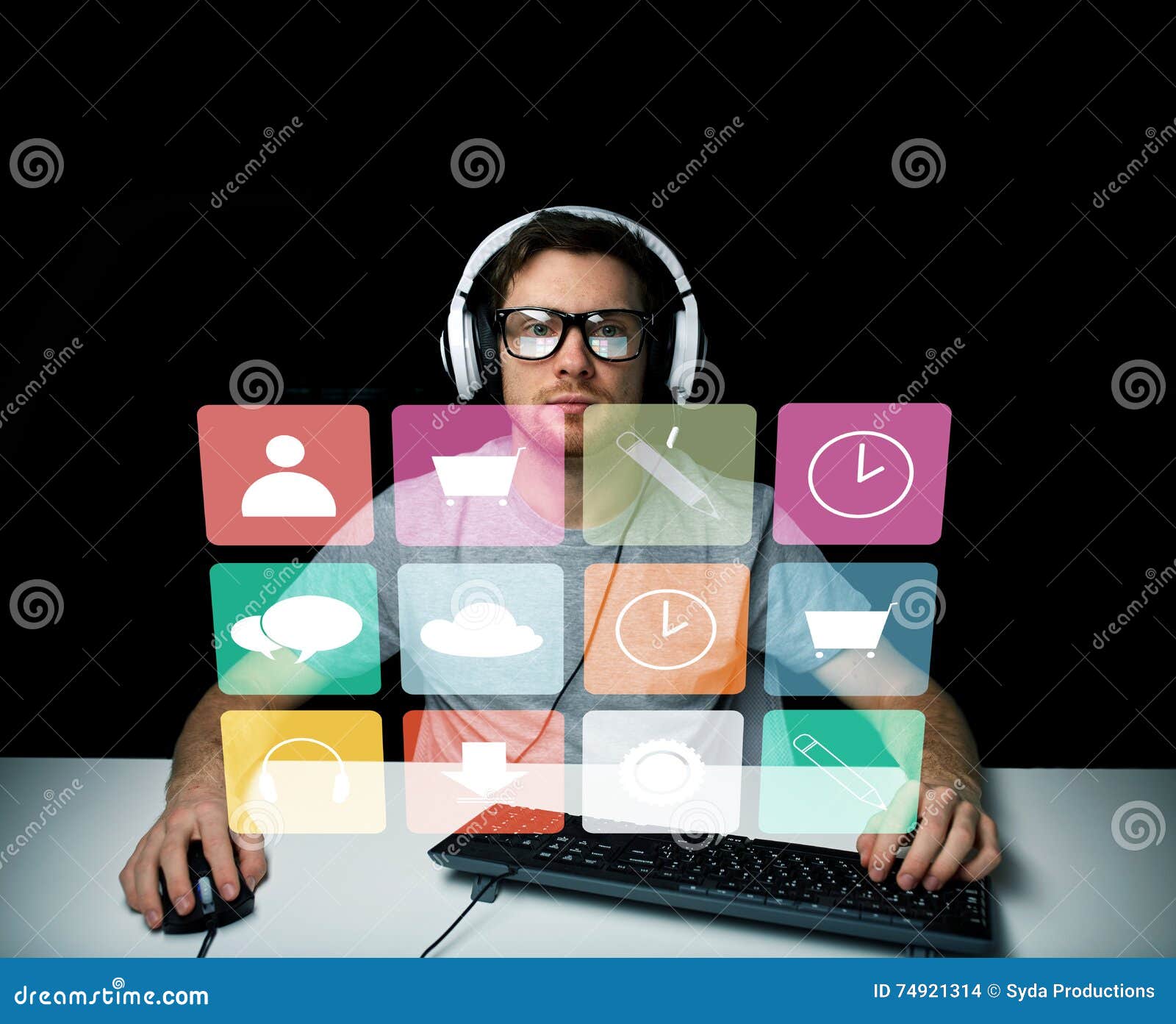 Man in Headset with Computer and Icons on Screen Stock Photo - Image of ...