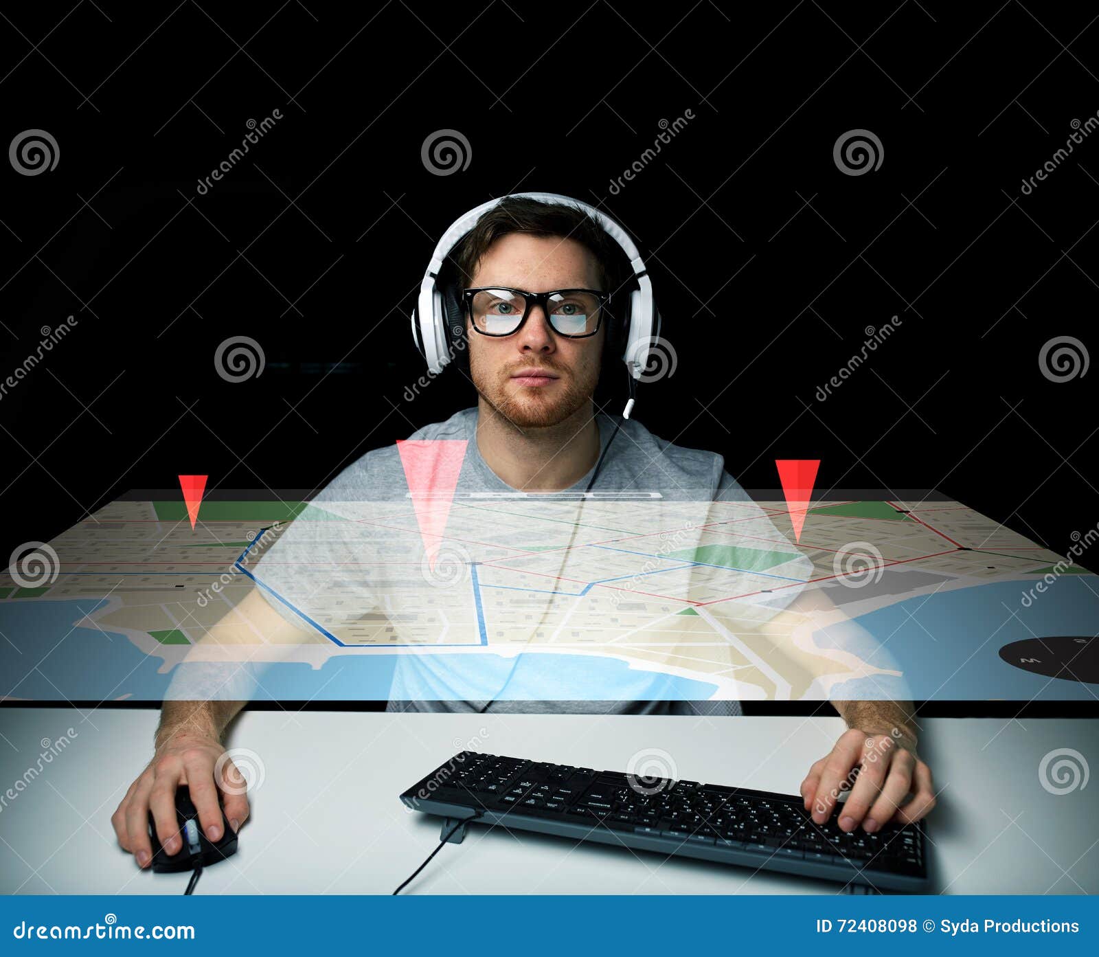 Man in Headset with Computer Keyboard and Gps Map Stock Photo - Image ...