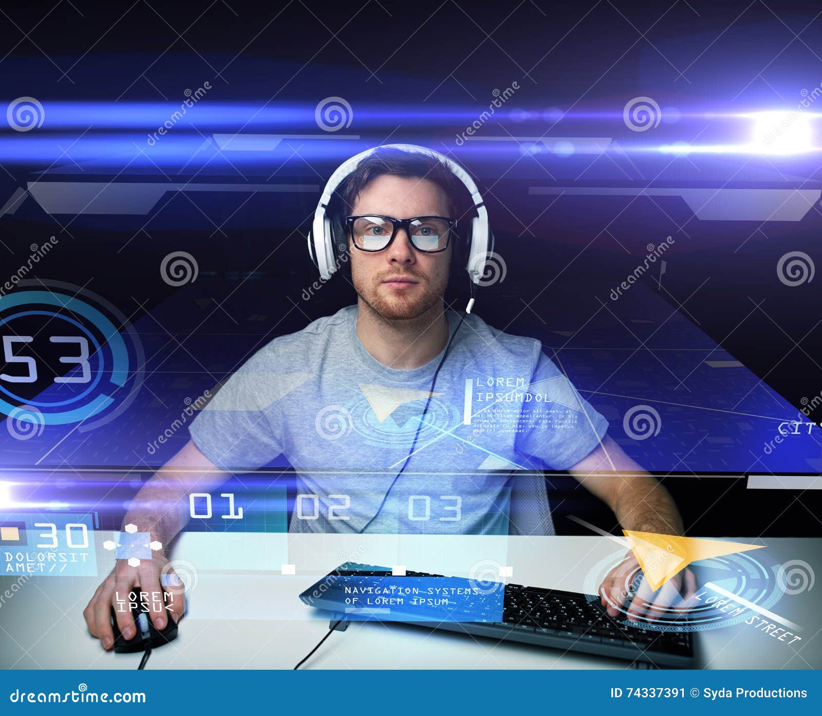 Man in Headset with Computer Keyboard and Gps Map Stock Illustration ...