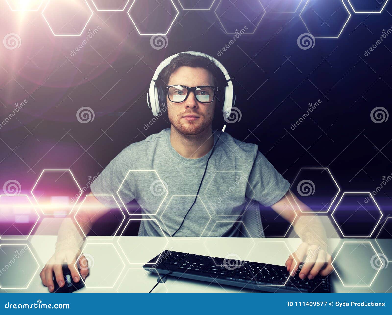Man in Headset Computer Over Hexagons Projection Stock Image - Image of ...