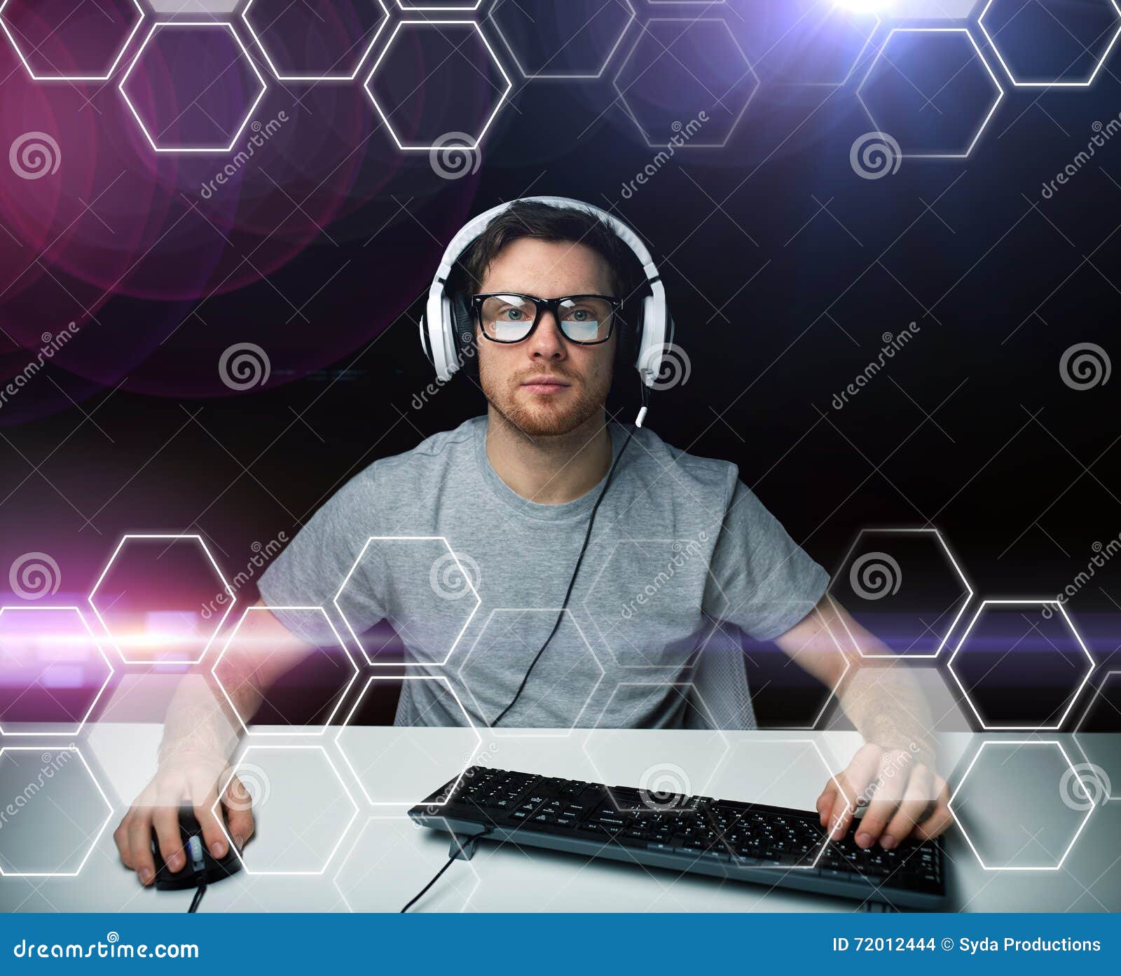 Man in Headset Computer Over Hexagons Projection Stock Photo - Image of ...