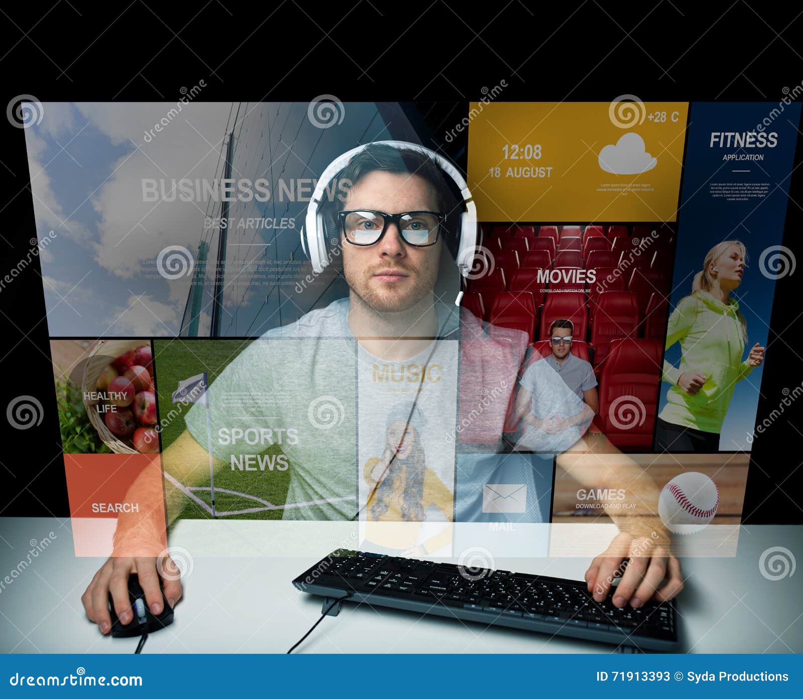 Man in Headset Computer Over Virtual Media Screen Stock Image - Image ...