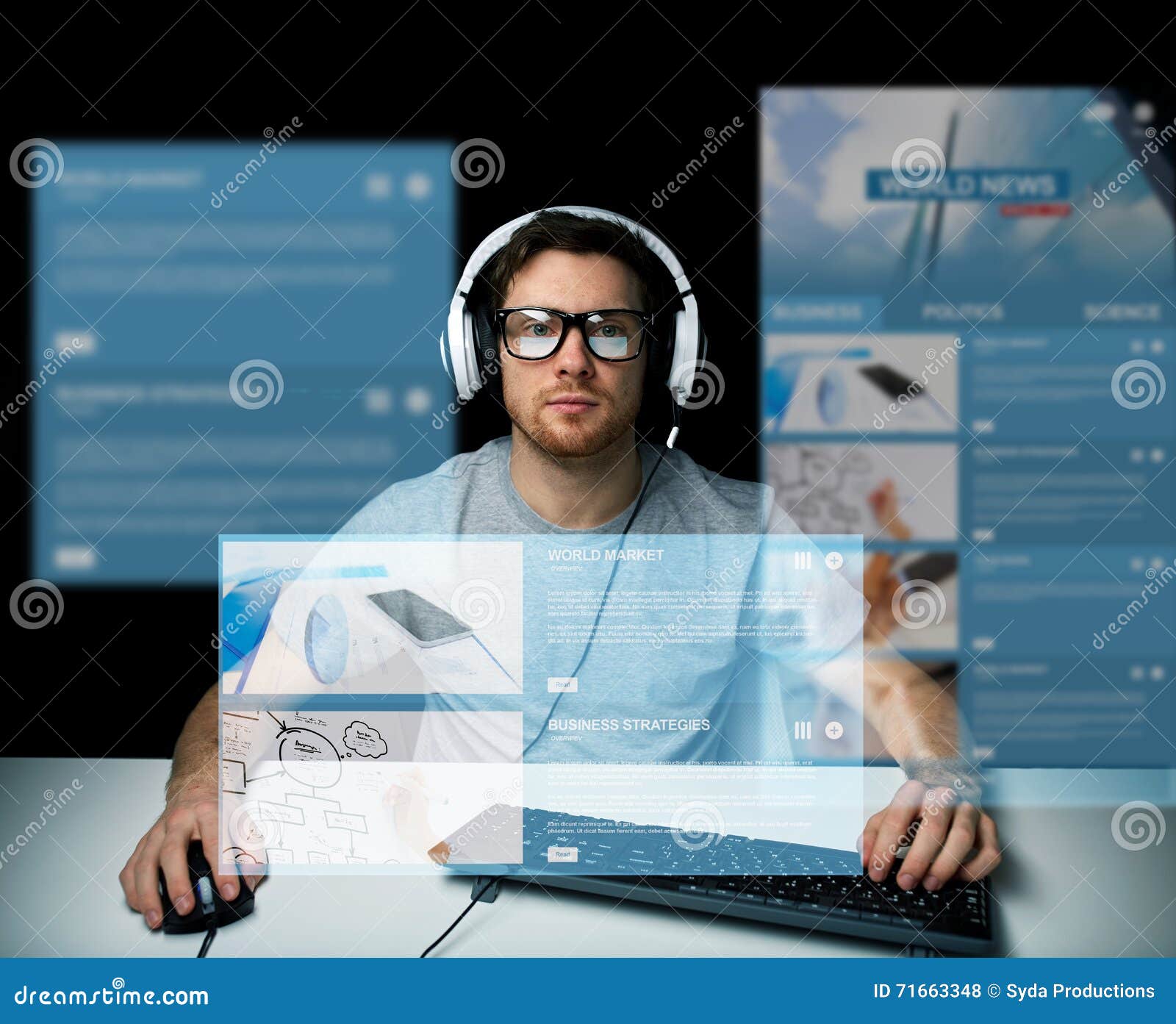 Man in Headset Computer Over Virtual Media Screens Stock Photo - Image ...