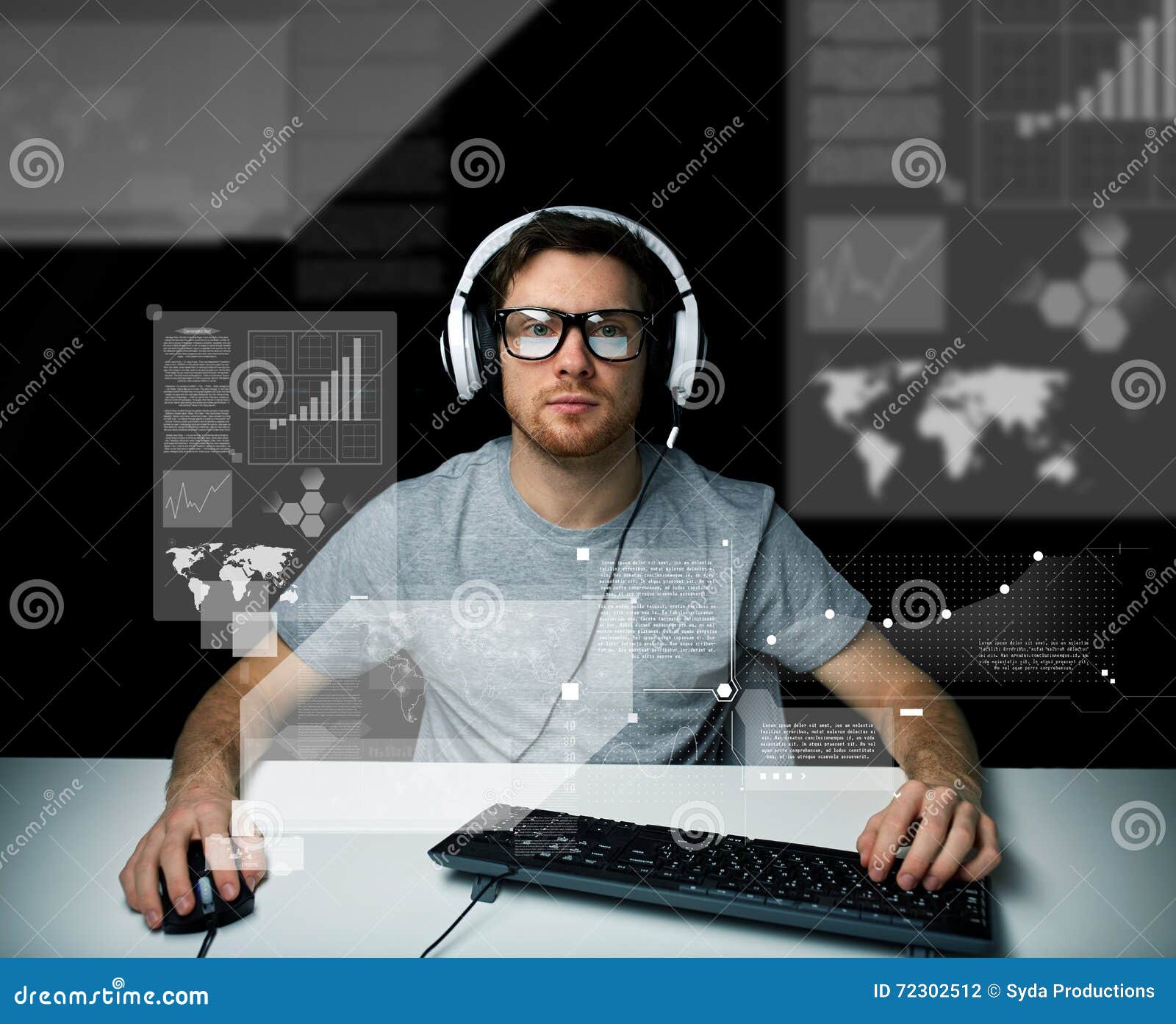 Man in Headset with Computer Over Virtual Screens Stock Photo - Image ...