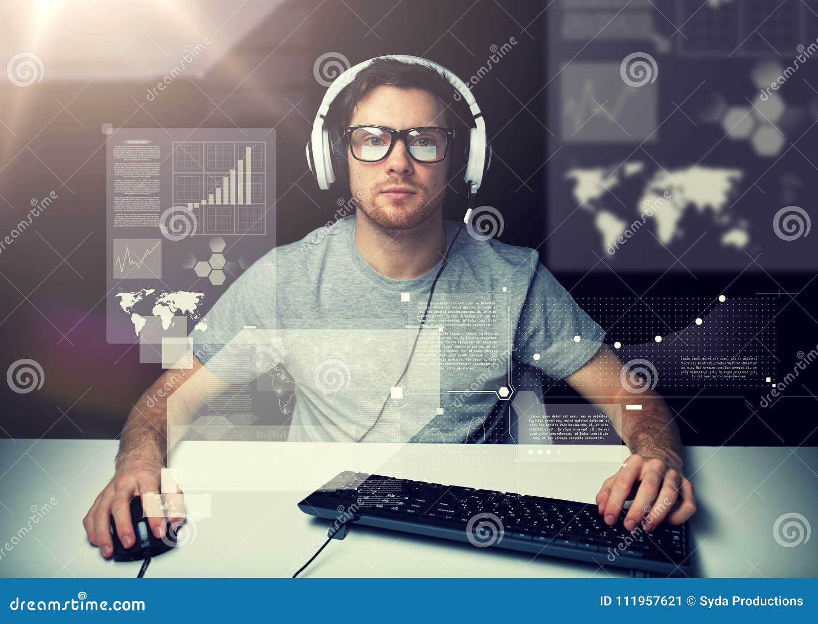 Man in Headset with Computer Over Virtual Screens Stock Image - Image ...