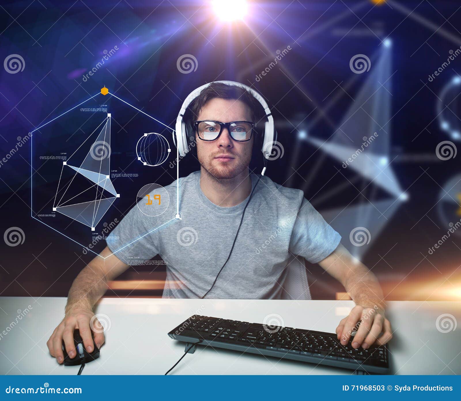 Man in Headset with Computer Virtual Projections Stock Image - Image of ...