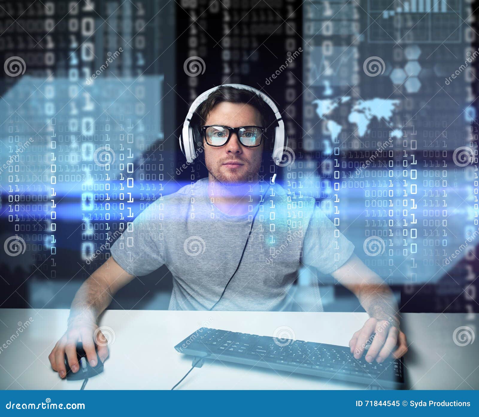 Man in Headset Hacking Computer or Programming Stock Image - Image of ...