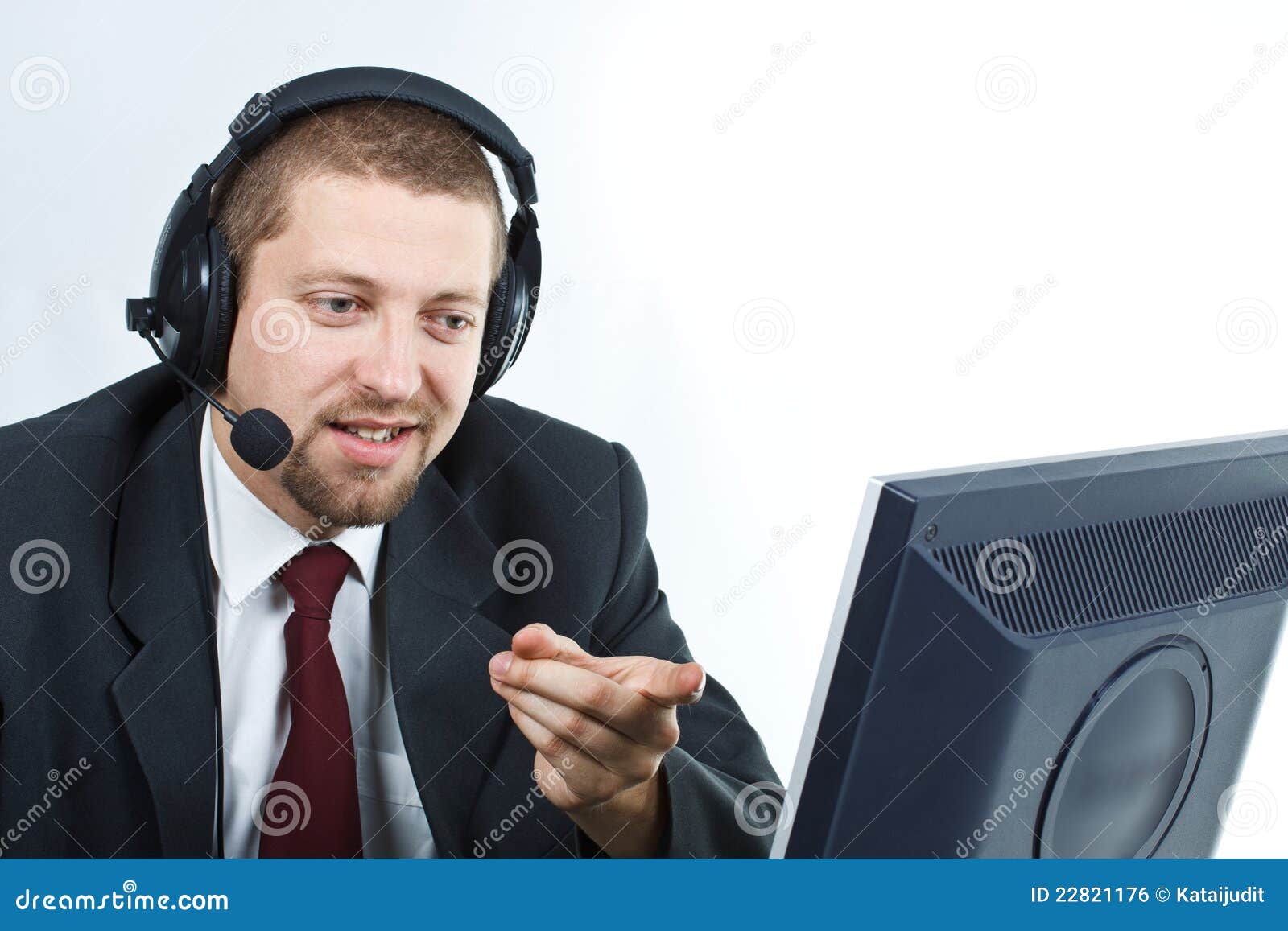 Man with Headset Showing Monitor Stock Photo - Image of face, notebook ...
