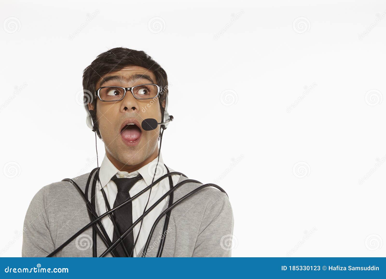 Man with Headset Wrapped in a Tangled Cable Stock Image - Image of ...