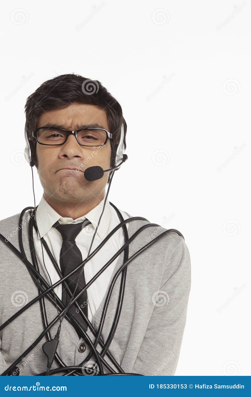 Man with Headset Wrapped in a Tangled Cable Stock Image - Image of ...