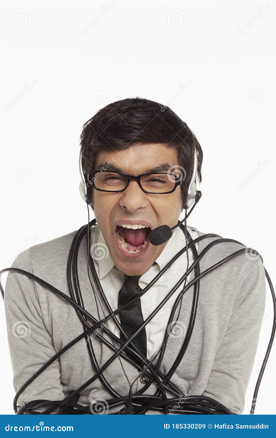 Man with Headset Wrapped in a Tangled Cable Stock Image - Image of ...