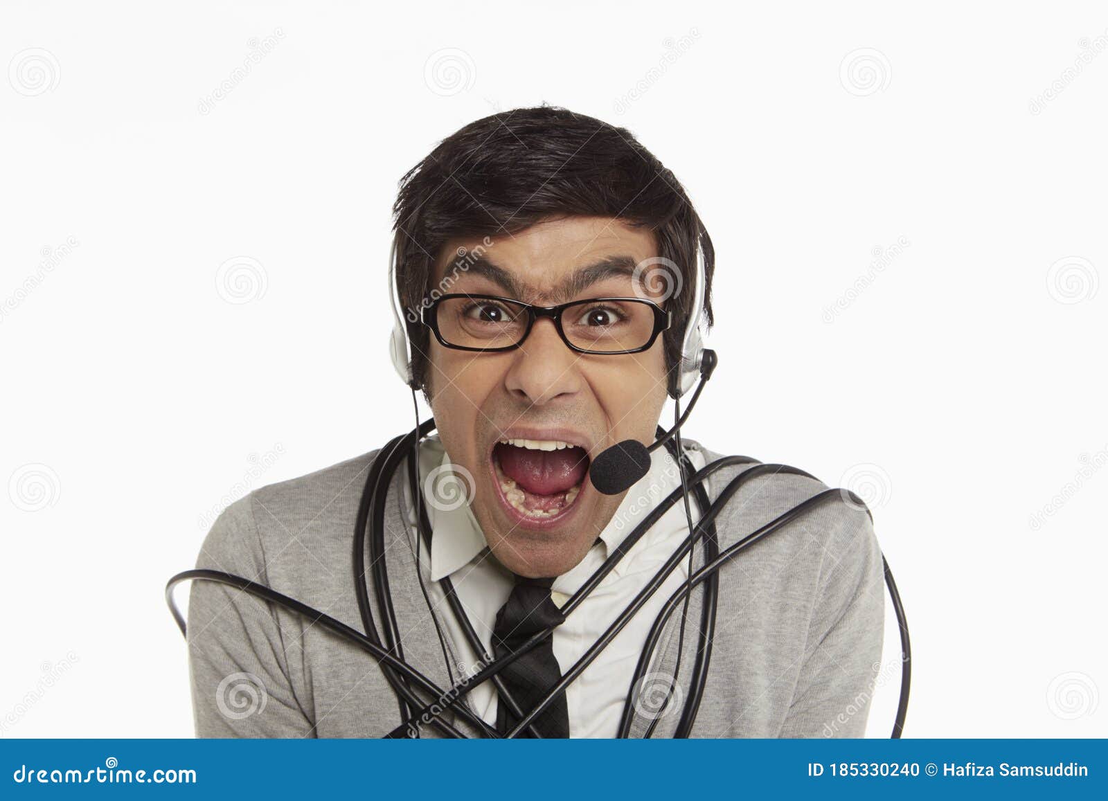 Man with Headset Wrapped in a Tangled Cable Stock Photo - Image of ...