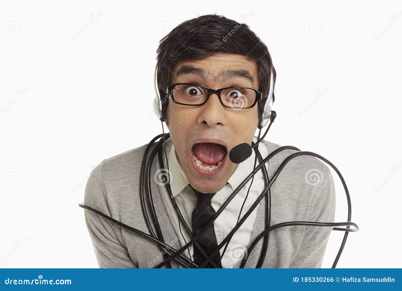 Man with Headset Wrapped in a Tangled Cable Stock Photo - Image of ...