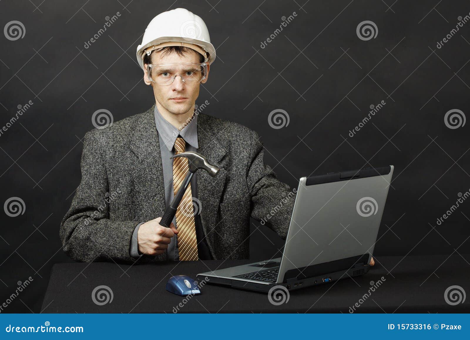 Man in Helmet with Hammer Repairs Computer Stock Photo - Image of ...