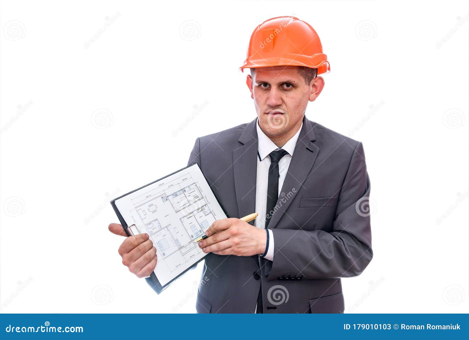 Man in Helmet Pointing with Pen at Clipboard Stock Image - Image of ...
