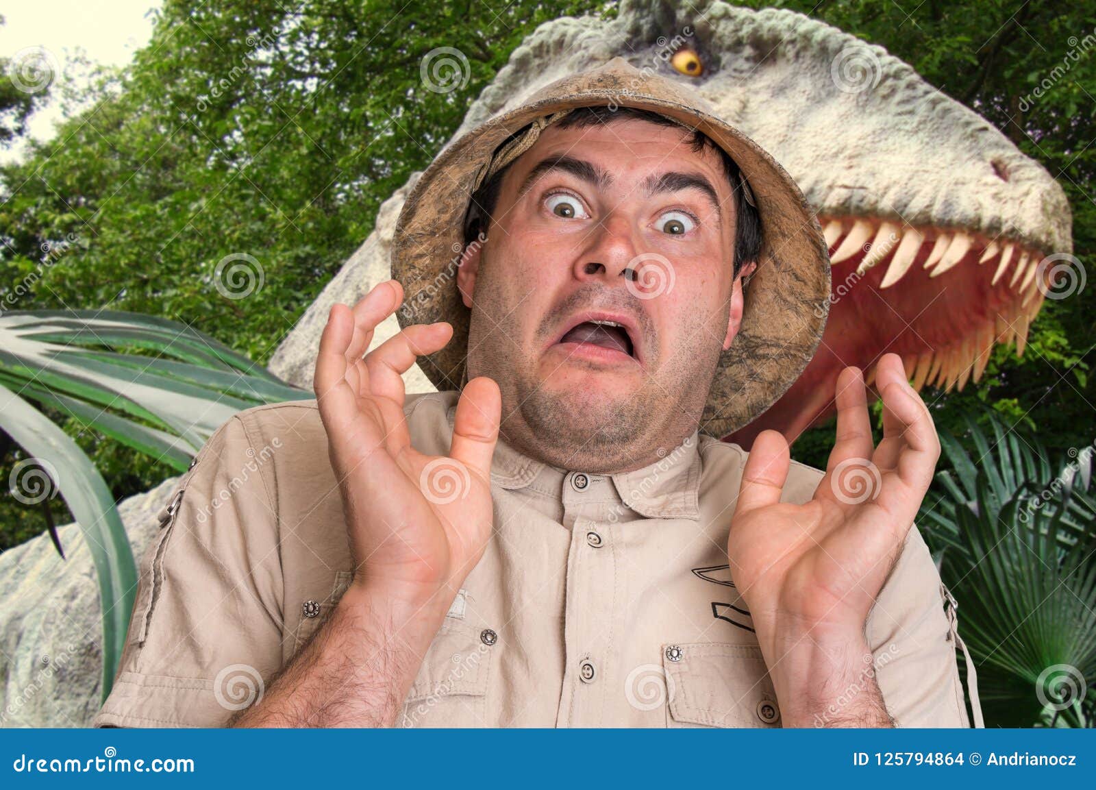 Man with Helmet is Running Away from Scary Dinosaur Stock Photo - Image ...
